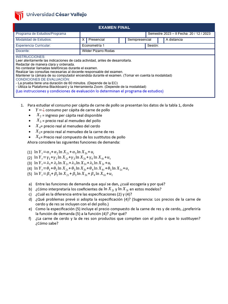 Examen Final Econometria 1 | PDF | Elasticidad (economía) | Ciencias económicas