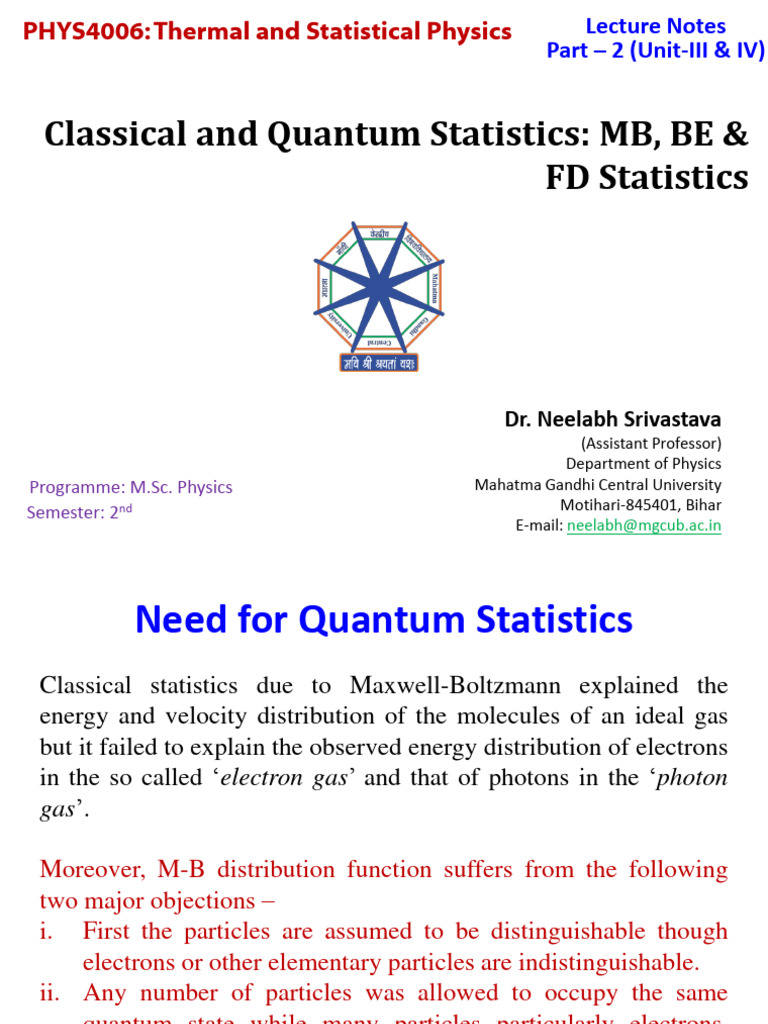 Classical and Quantum Statistics: MB, BE & FD Statistics: Dr. Neelabh Srivastava | PDF ...