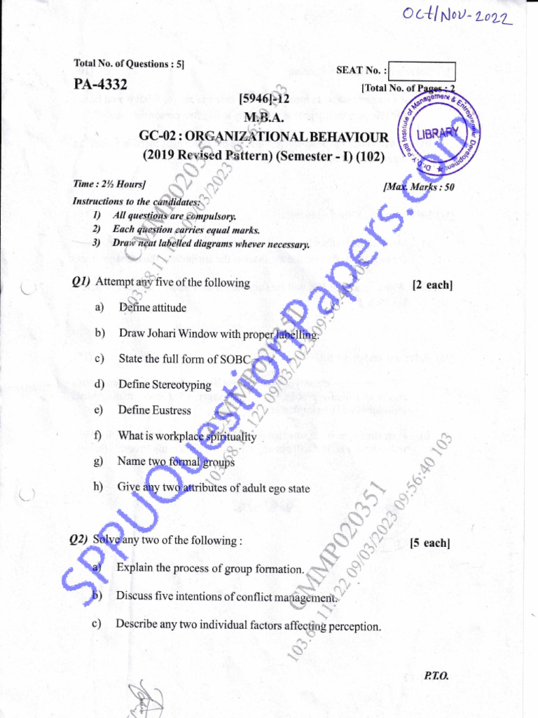 Postgraduate PG Mba Semester 1 2022 November Organizational Behaviour 2019 Pattern | PDF ...
