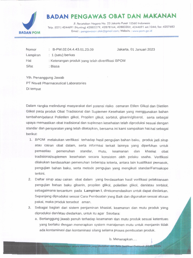 Surat Keterangan Produk Yang Telah Diverifikasi BPOM - OTSK | PDF