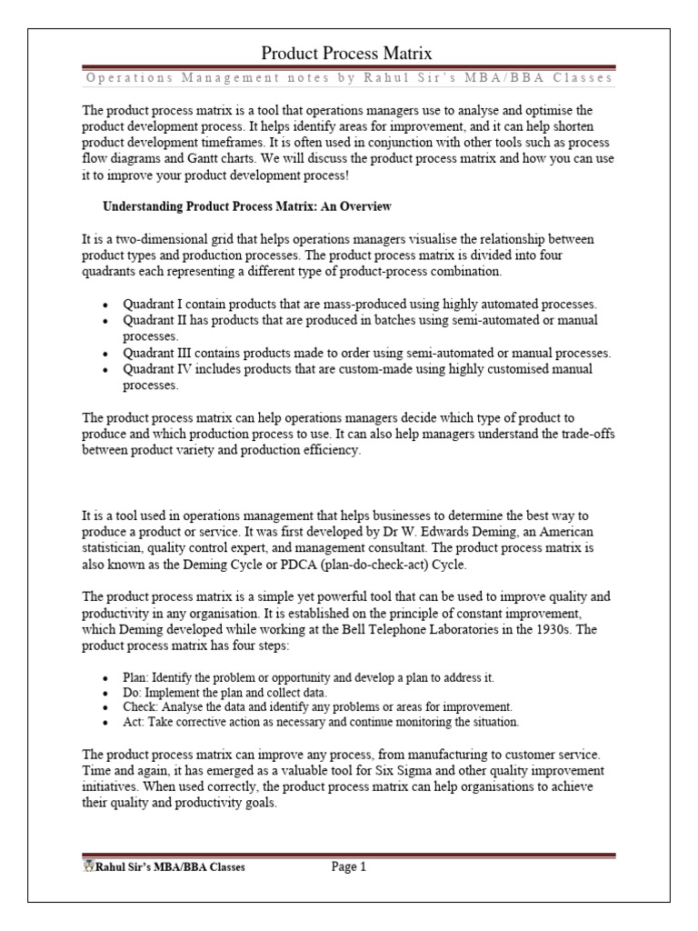 Product Process Matrix | PDF | Operations Management | Six Sigma