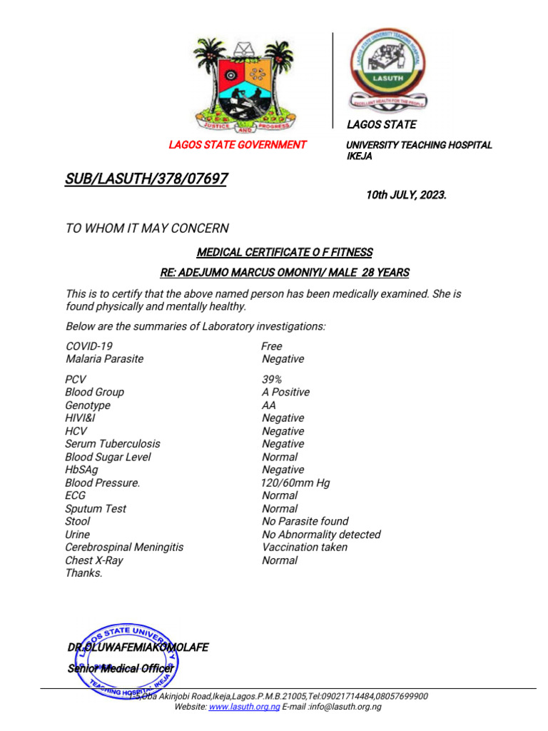 Medical Certificate o F Fitness | PDF