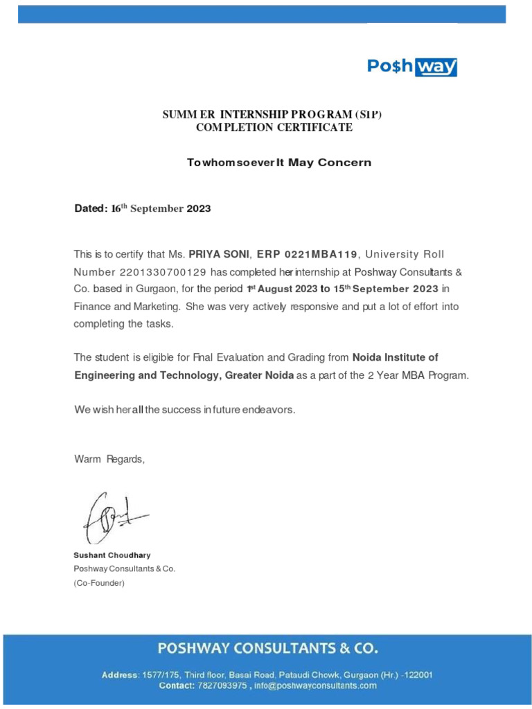 Internship Completion Letter - Priya Soni | PDF