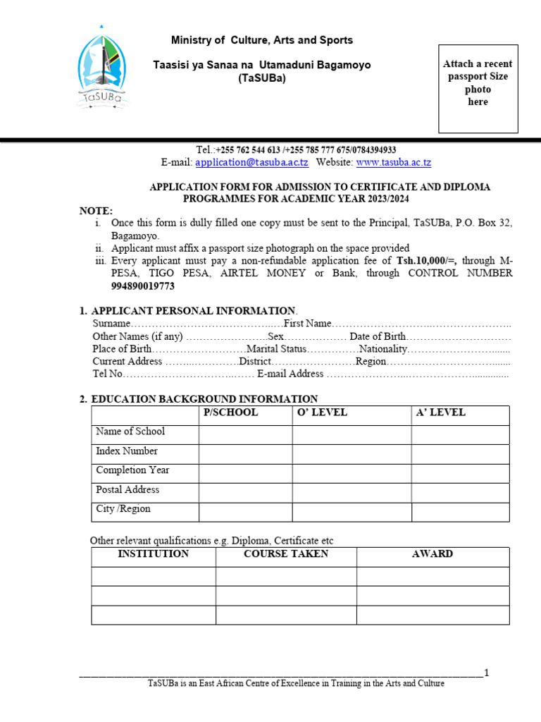 TaSUBa Admission Application Form 2023/2024 | PDF | Diploma