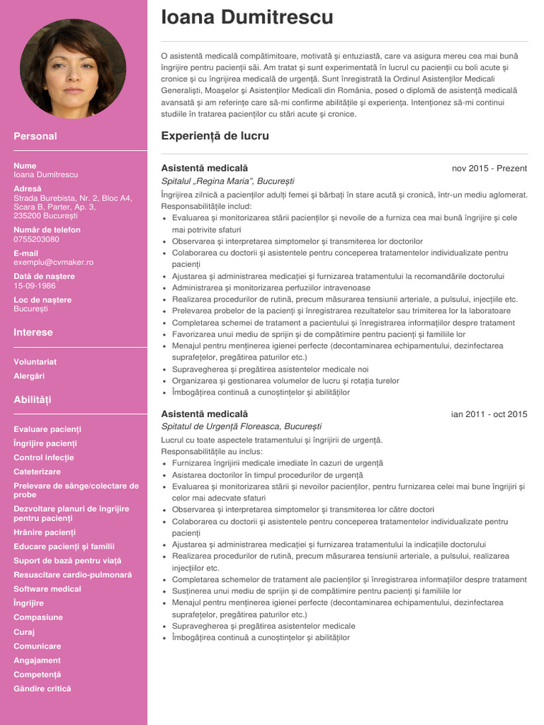 Exemplu CV Asistenta Medicala | PDF
