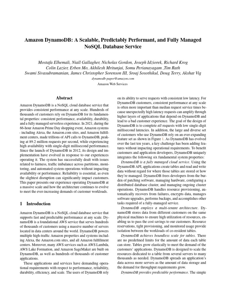 Amazon Dynamodb A Scalable Predictably Performant and Fully Managed Nosql Database Service | PDF ...