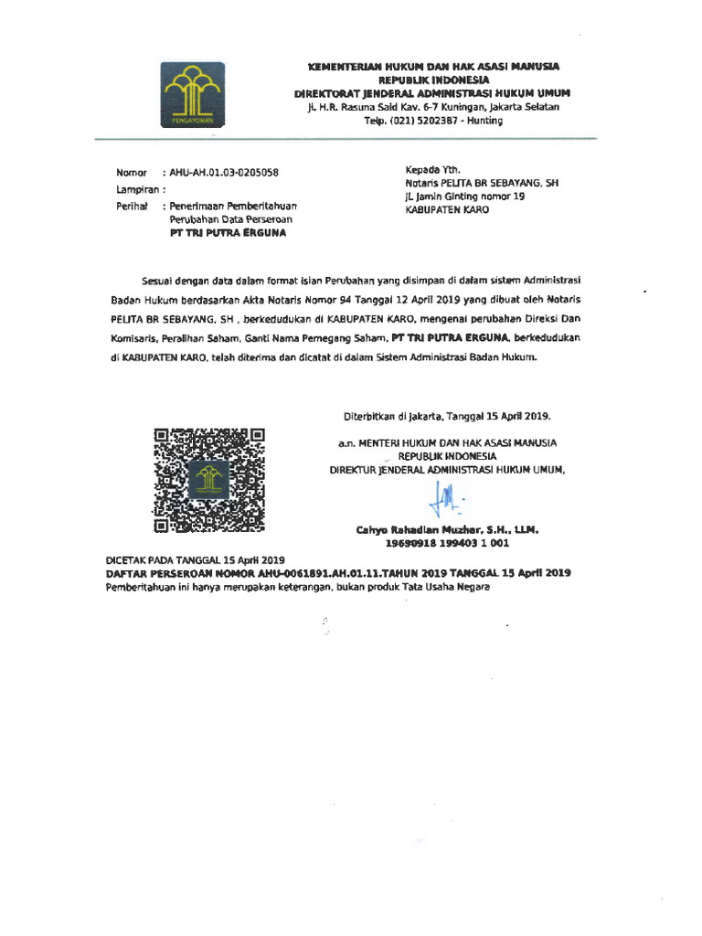 Kemenkumham Akta Tpe No 94 | PDF