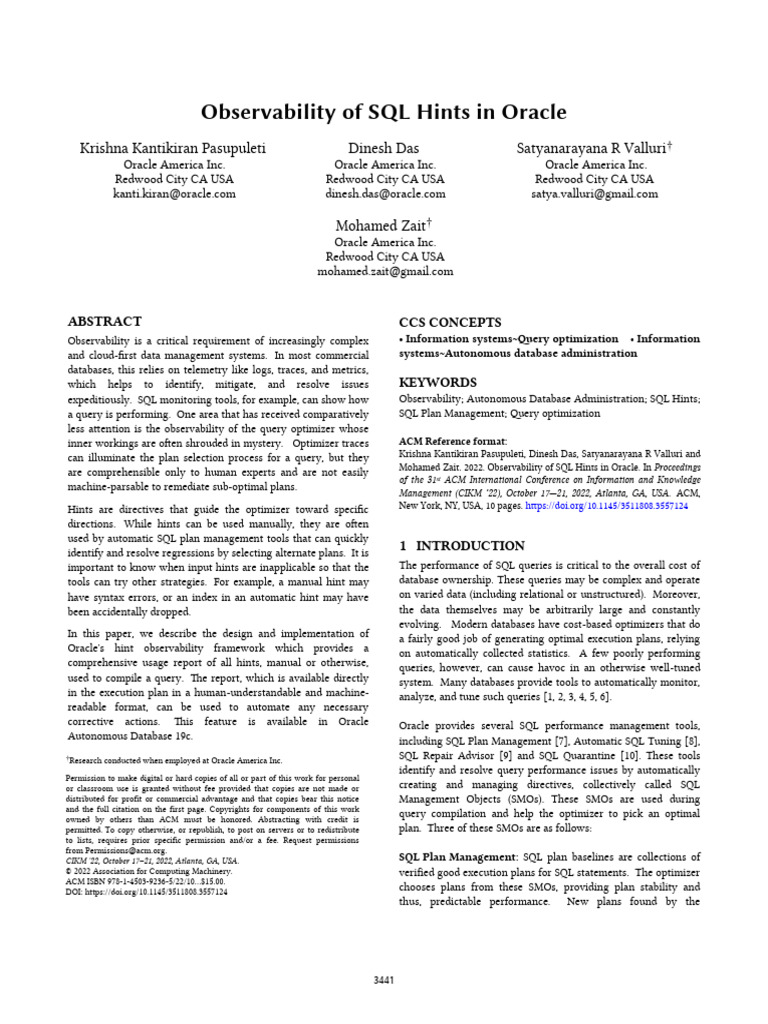 Observability of SQL Hints in Oracle: Krishna Kantikiran Pasupuleti ...