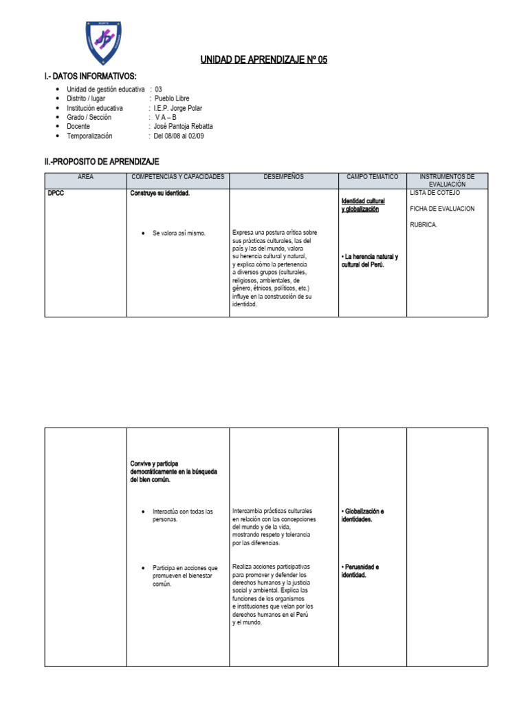 Unidad de Aprendizaje 05 DPCC III Bim V Sec 2022 JP Pantoja | PDF
