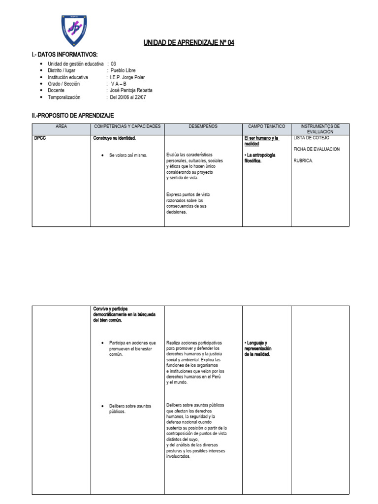 Unidad de Aprendizaje 04 DPCC II Bim V Sec 2022 JP Pantoja | PDF | Evaluación | Aprendizaje