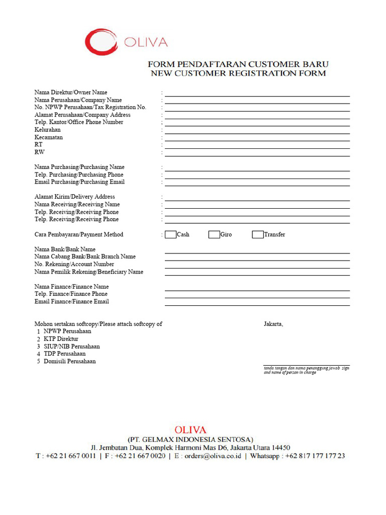 Oliva Customer Registration Form | PDF | Service Industries | Banking Technology