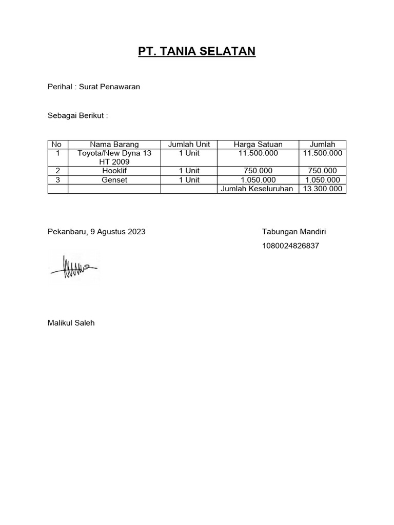 Penawaran Harga Barang PT. Tania Selatan | PDF