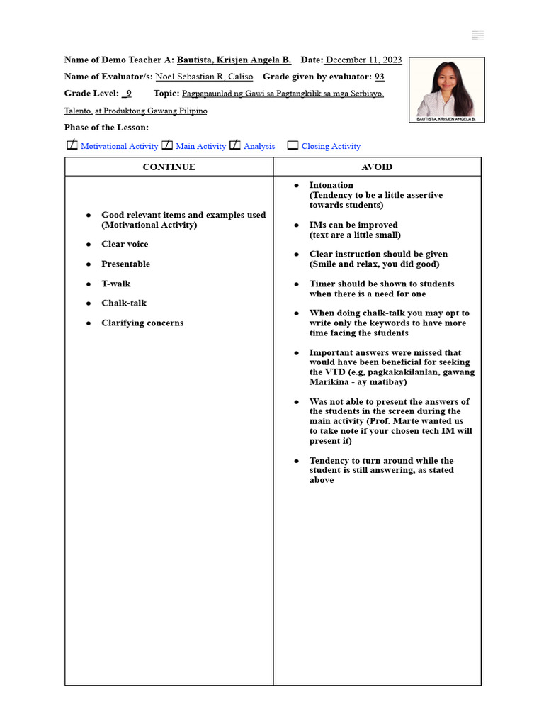 Form 3 Ta Bautista TB Panaligan Continue and Avoid Form | PDF | Human Communication | Learning