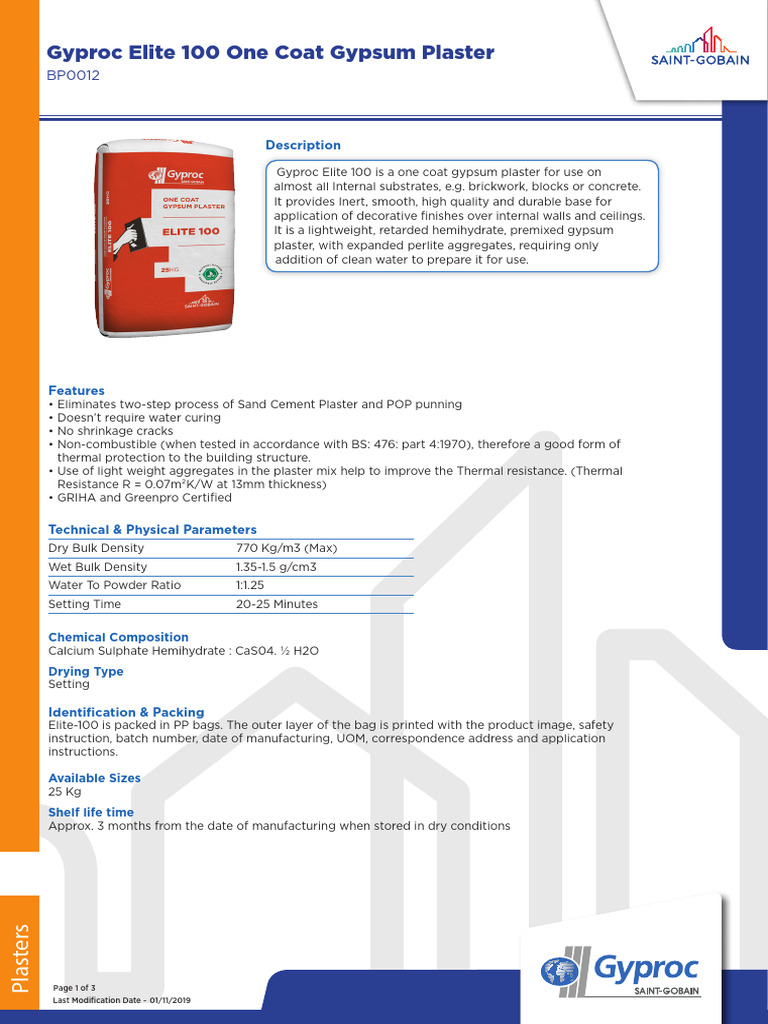 25 KG Gyproc Elite 100 One Coat Gypsum Plaster | PDF | Plaster | Drywall