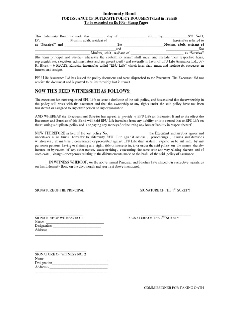 Indemnity Bond for Lost Policy Document | PDF