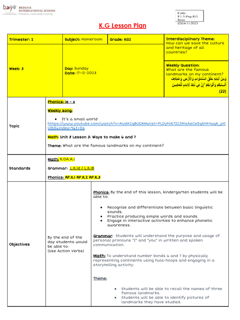 K.G Lesson Plan: Uib5&Index 9&T 0S | PDF | Phonics | Linguistics