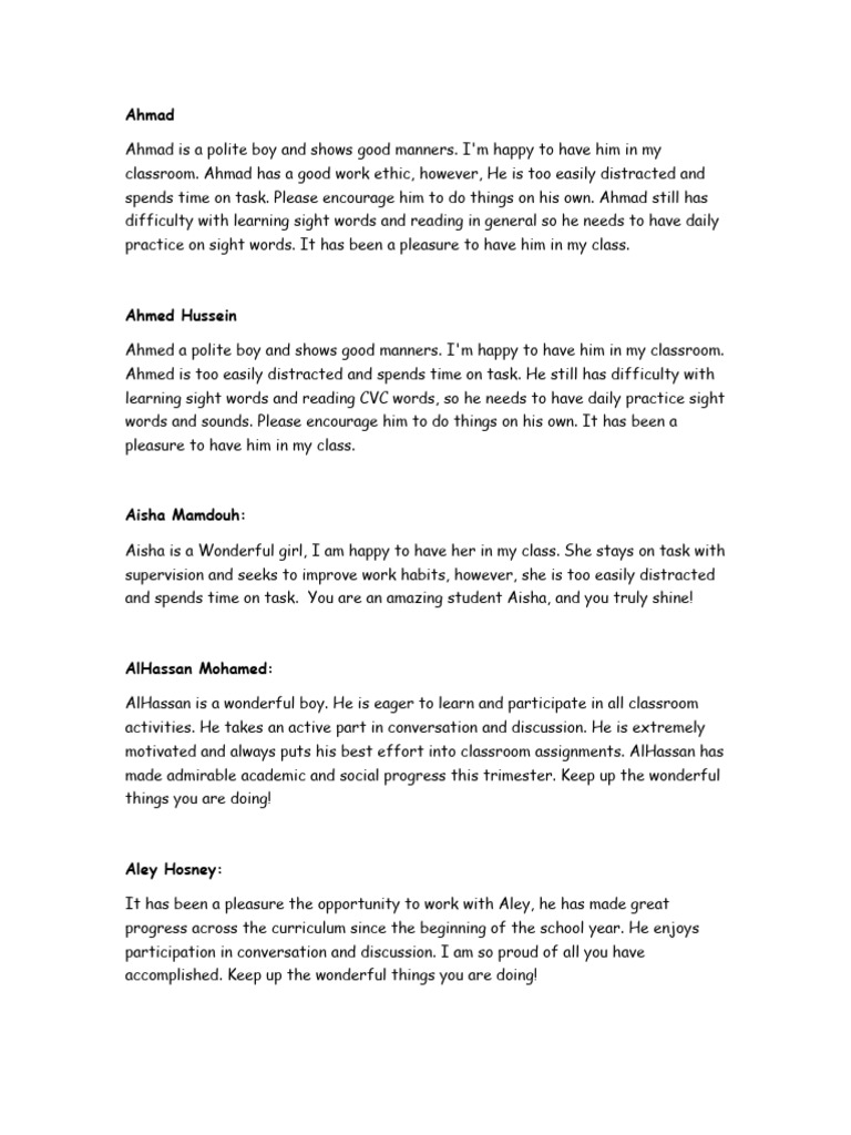 KG 2B Comments Tri 2 | PDF | Classroom | Behavior Modification