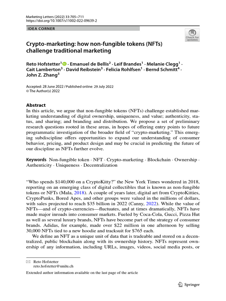 Hofstetter Et Al. 2022 - Crypto Marketing How Non Fungible Tokens (NFTS) | PDF | Brand | Social ...