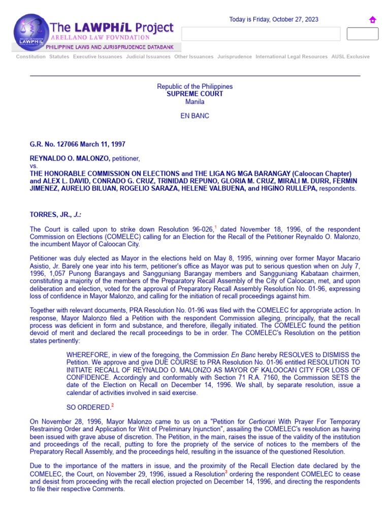 Malonzo vs. COMELEC, 80 SCAD 333, 269 SCRA 380 (1997) | PDF | Commission On Elections ...