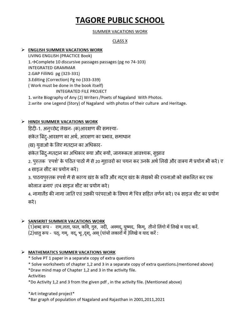 Summer Vacation Assignments for Class X | PDF | Science