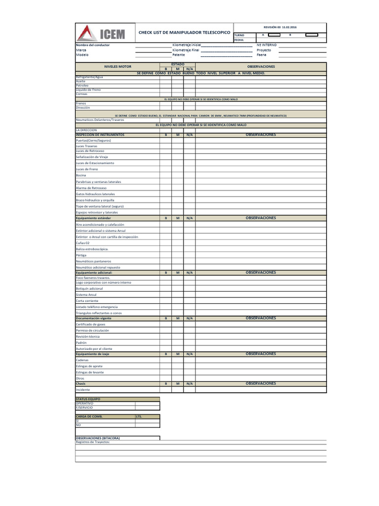 Check List manipulador telescopico | PDF | Neumático | Vehículos terrestres
