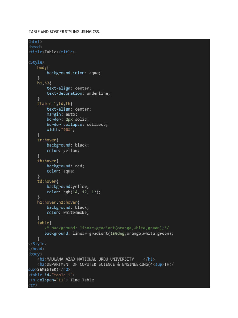 Table and Border Styling Using Css | PDF