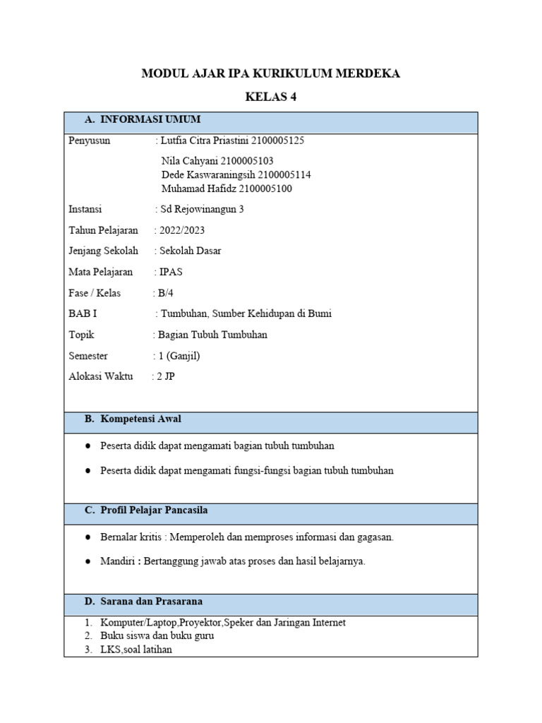 Modul Ajar IPA Kelas 4: Tumbuhan | PDF | Karier & Perkembangan | Griya ...