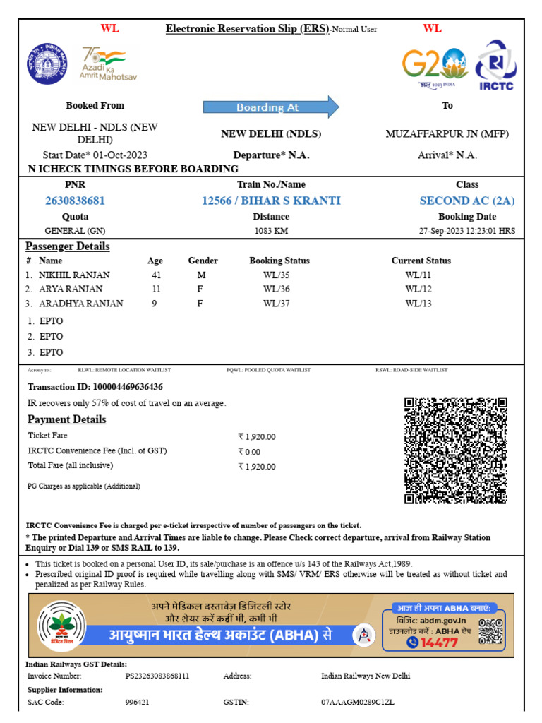 Bihar S Kranti Second Ac (2A) : WL WL | PDF | Identity Document | Payments