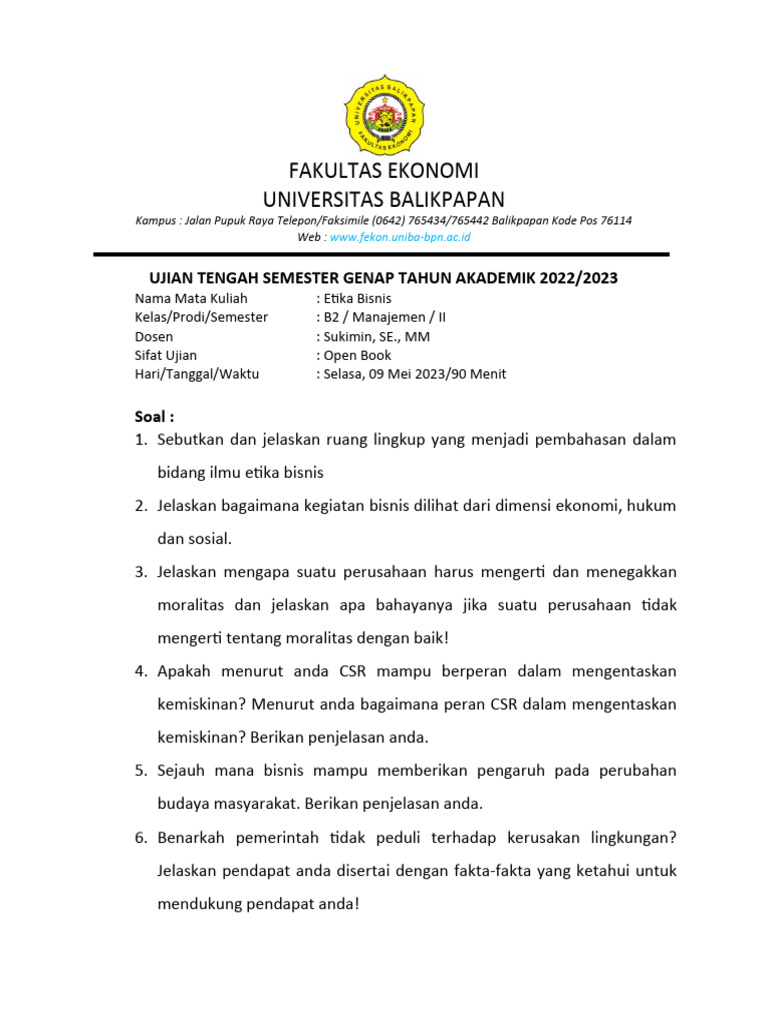 Soal Etika Bisnis B2 UTS Genap 2023 | PDF