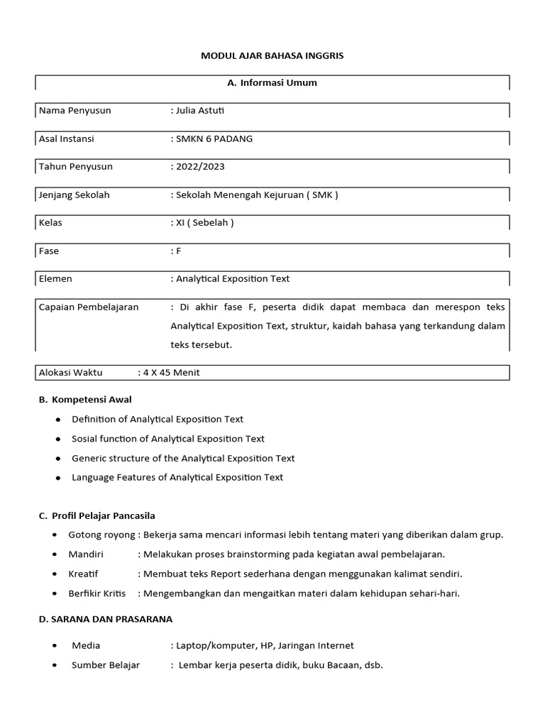 Modul Ajar Analytical Exposition | PDF | Karier & Perkembangan | Seni & Disiplin Bahasa