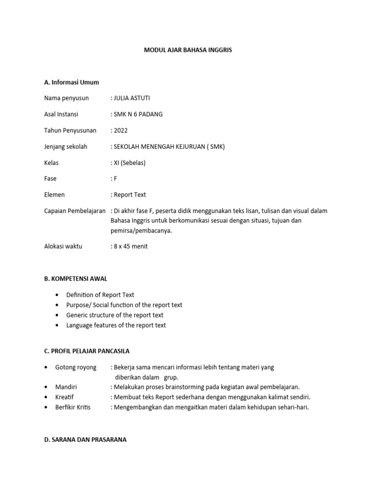 Modul Ajar Report Text SMK XI | PDF | Karier & Perkembangan | Seni & Disiplin Bahasa