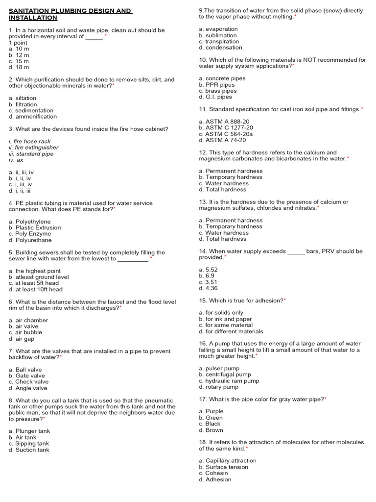 Sanitation Plumbing Design and Installation - Questionnaire | PDF | Pump | Plumbing