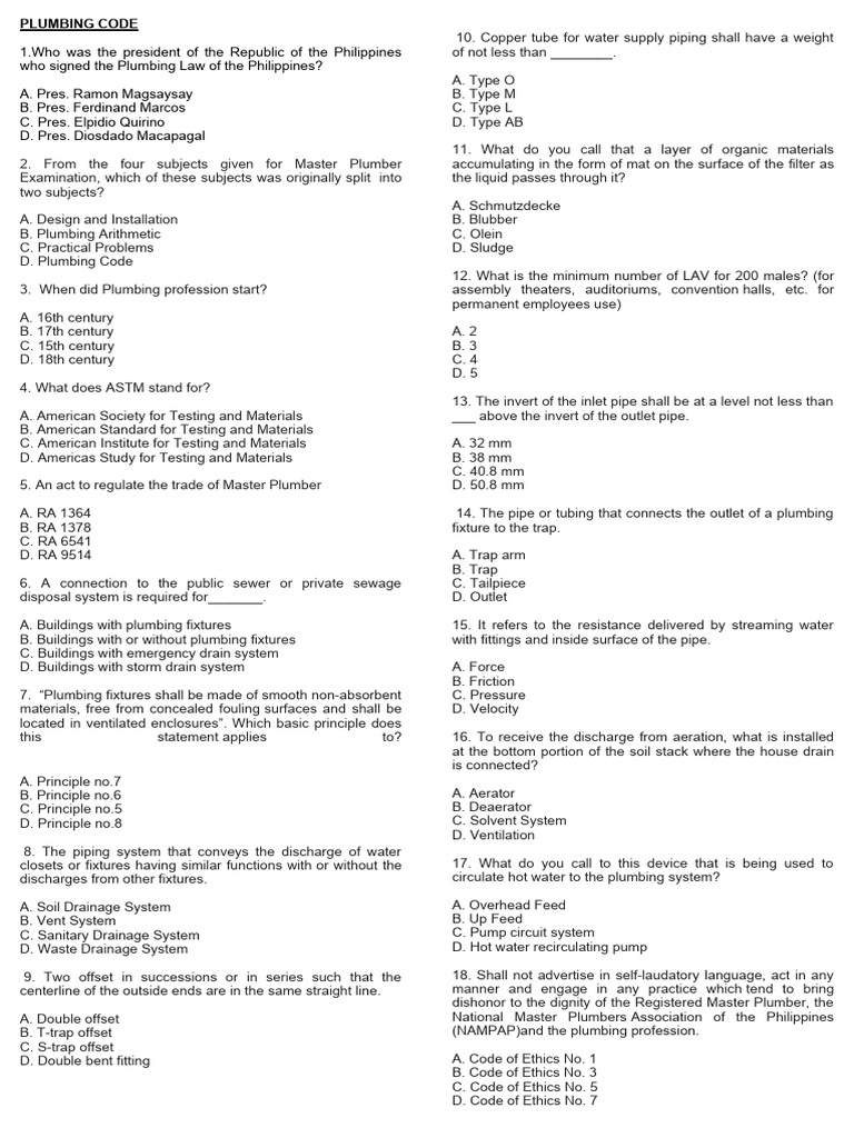 PLUMBING CODE - QUESTIONNAIRE | PDF | Plumbing | Storm Drain