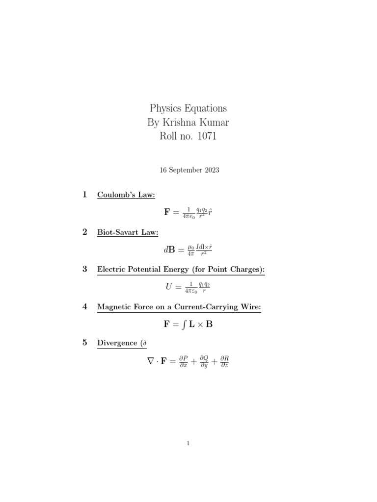 Assignment 1 Physics Formulae | PDF | Magnetic Field | Electric Field