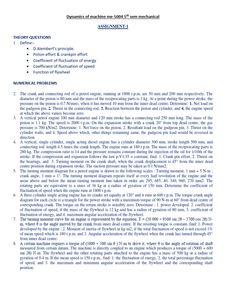 Assignment Questions Dom Me 5004 | PDF | Torque | Piston