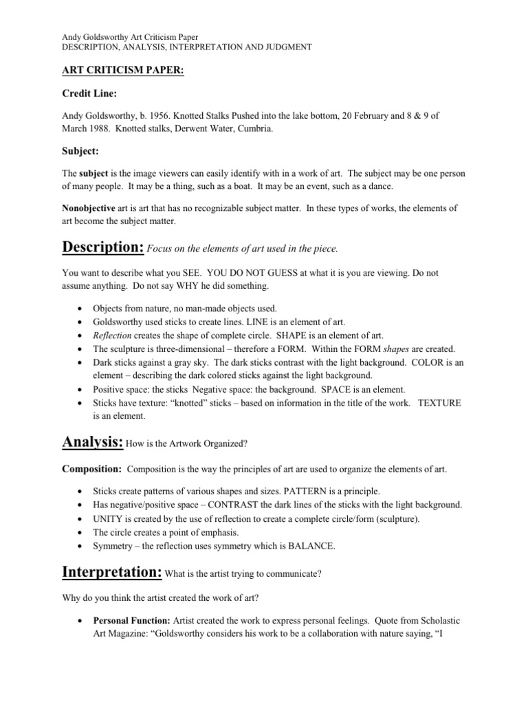 ART CRITICISM PAPER - Credit Line - Subject - Description - Focus On ... | PDF | Composition ...