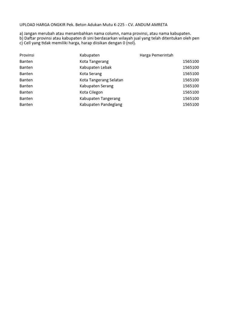 Template Harga Produk Pek. Beton Adukan Mutu K-225 - CV. ANDUM AMRETA | PDF