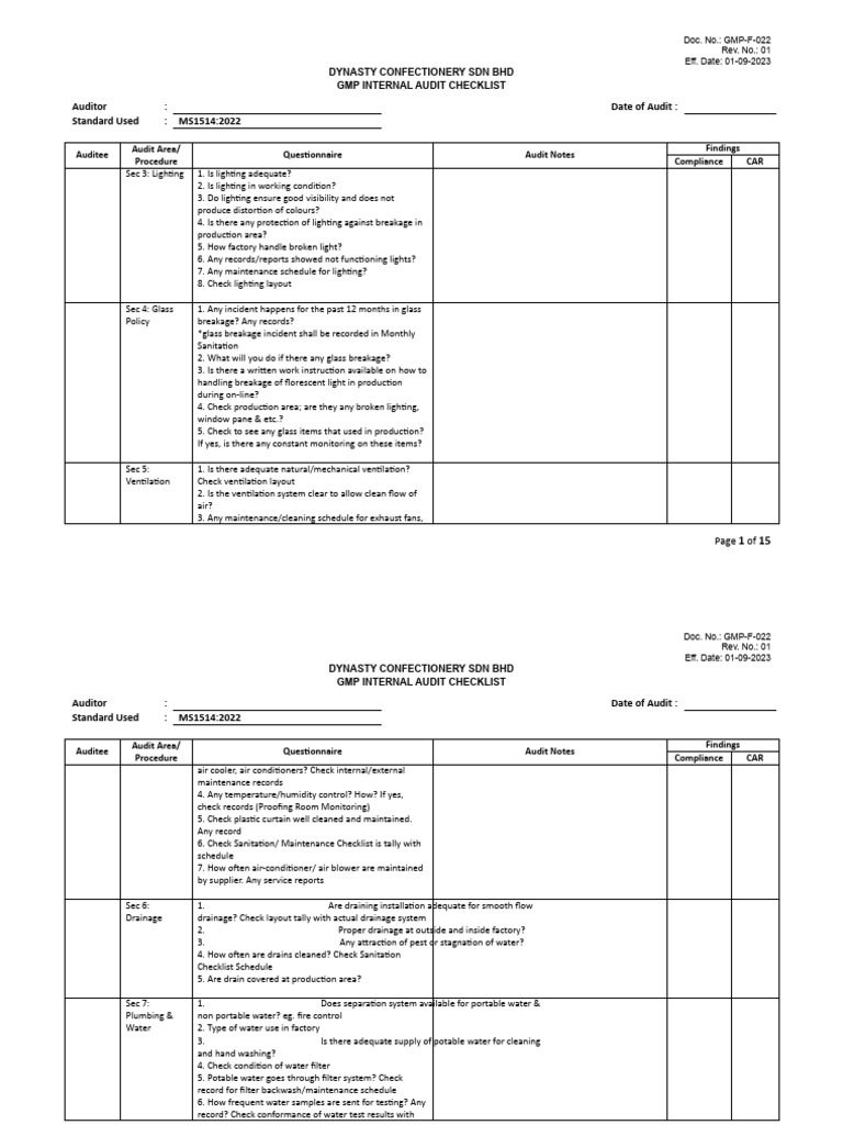 GMP Internal Audit Checklist | PDF | Audit | Verification And Validation