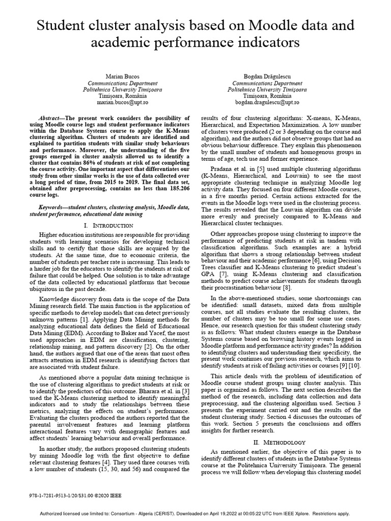 Student Cluster Analysis Based On Moodle Data and Academic Performance Indicators | PDF ...
