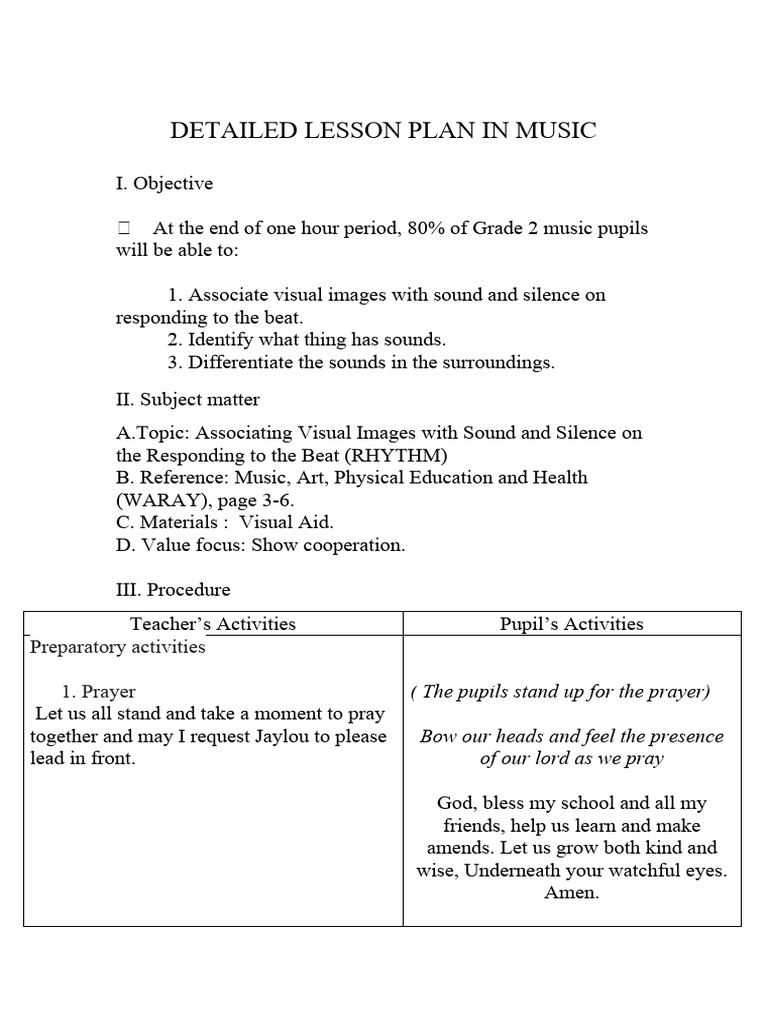 Grade 2 Music Lesson Plan: Sound & Silence | PDF | Prayer | Lesson Plan