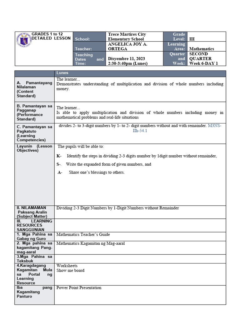 Math-DLL-Q2-WEEK-6-DAY 1 | PDF | Division (Mathematics) | Elementary Mathematics