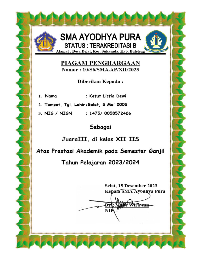 Piagam Penghargaan Siswa Berprestasi | PDF