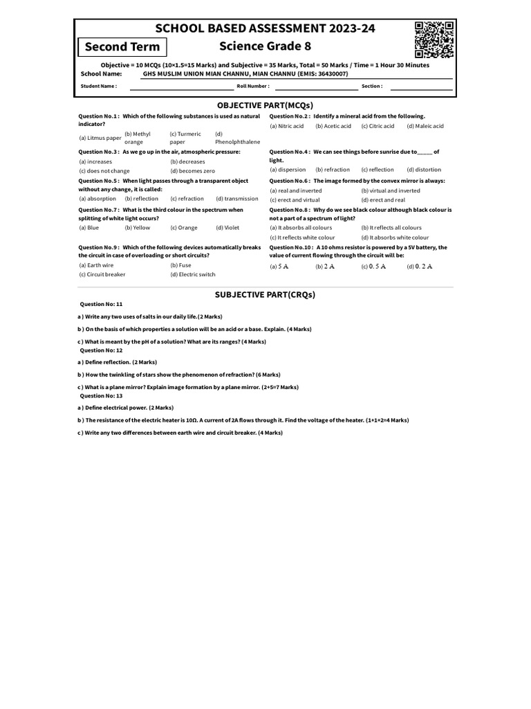 2nd Term Science Paper 2023 2nd Term Class 8 | PDF | Electrical Network ...