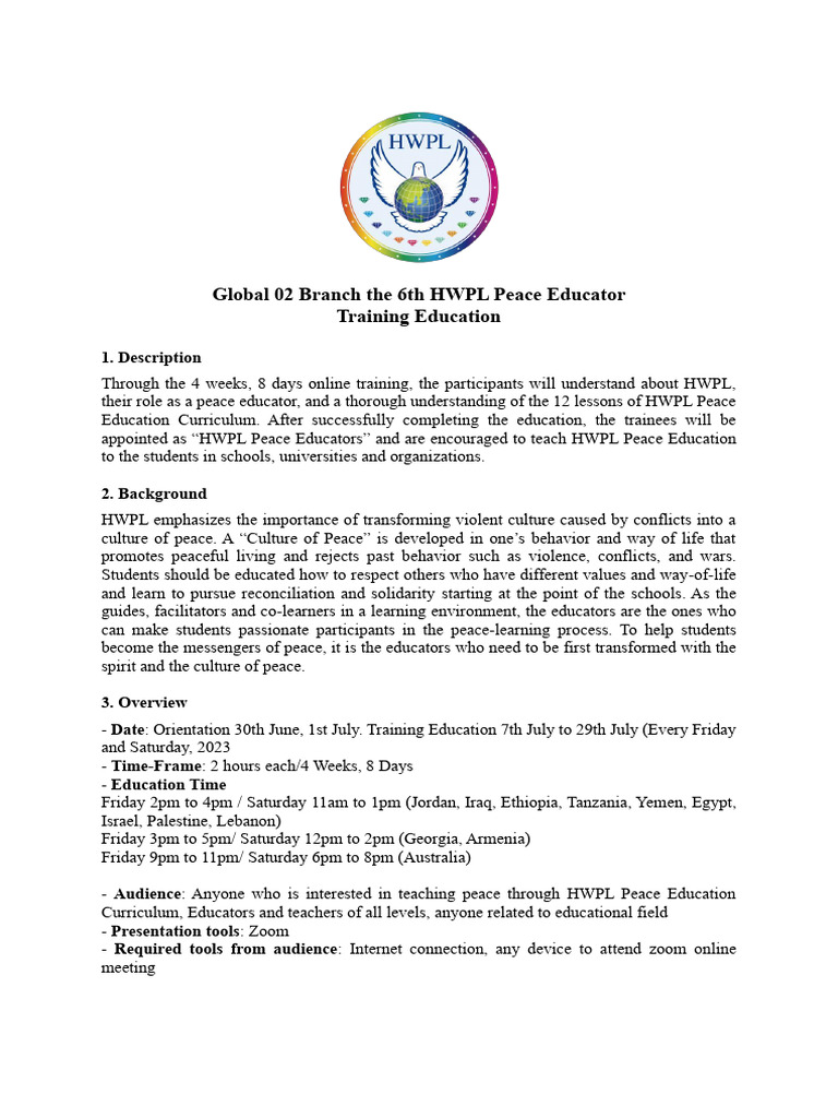 (Proposal) The 6th HWPL Peace Educator Training Education | PDF ...