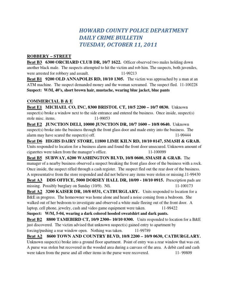 Police Daily Crime Bulletin 20111011 | PDF | Theft