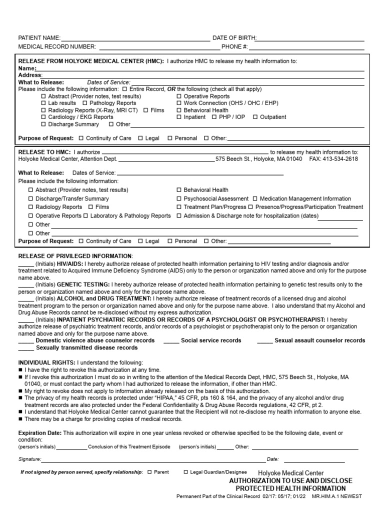 HMC Health Information Release Form | PDF | Medical Record | Patient
