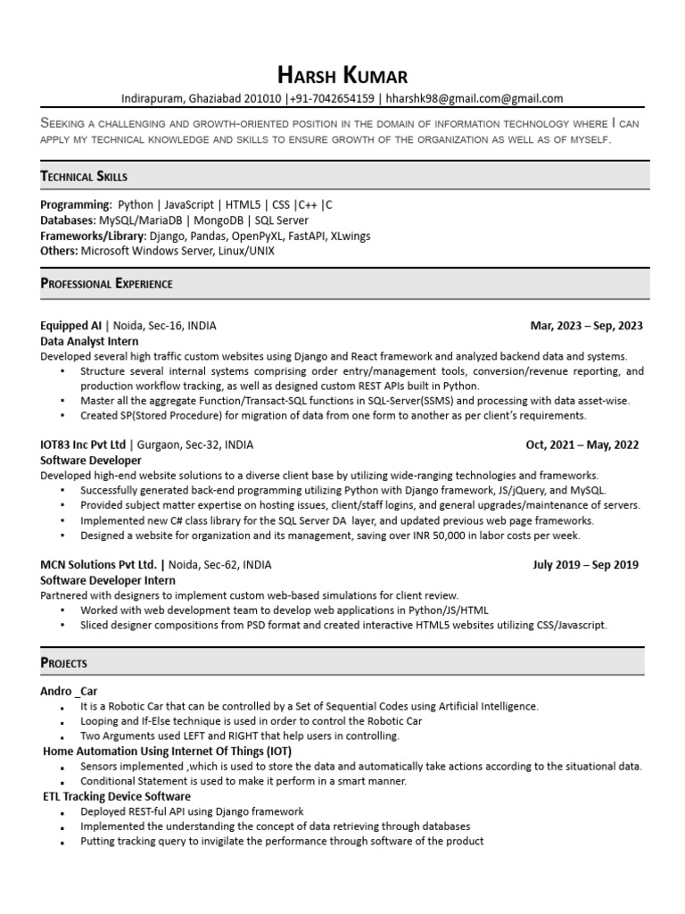 Harsh Kumar - Resume | PDF | Microsoft Sql Server | Web Application