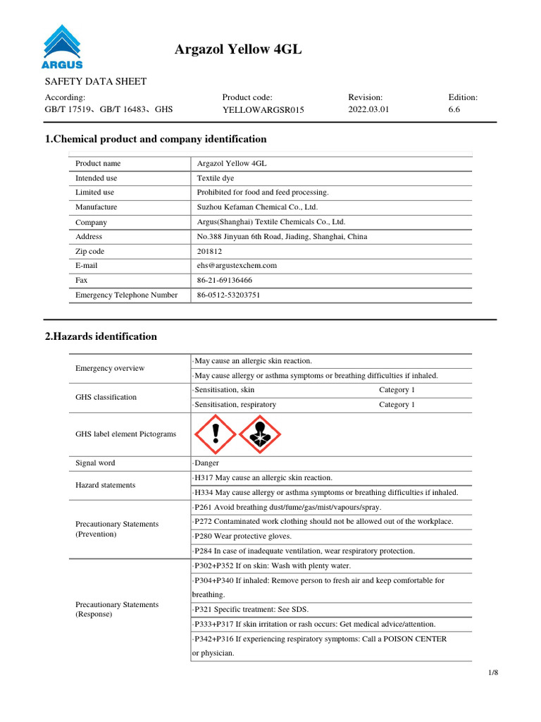 Argazol Yellow 4GL Safety Data Sheet | PDF | Dangerous Goods | Toxicity