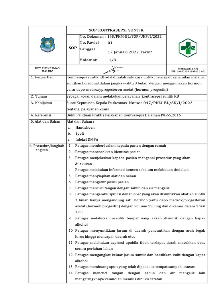 Sop Kontrasepsi Suntik PDF | PDF