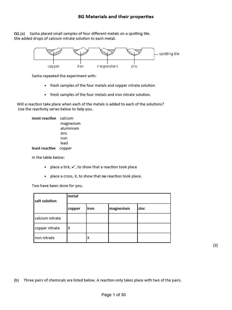 8G Metals and Their Reactivity Tests | PDF | Metals | Alloy